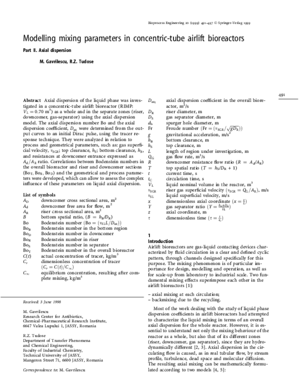 (PDF) Modelling mixing parameters in concentric-tube airlift bioreactors | Maria Gavrilescu ...