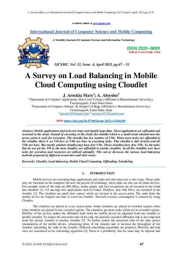 (PDF) A Survey on Load Balancing in Mobile Cloud Computing using Cloudlet