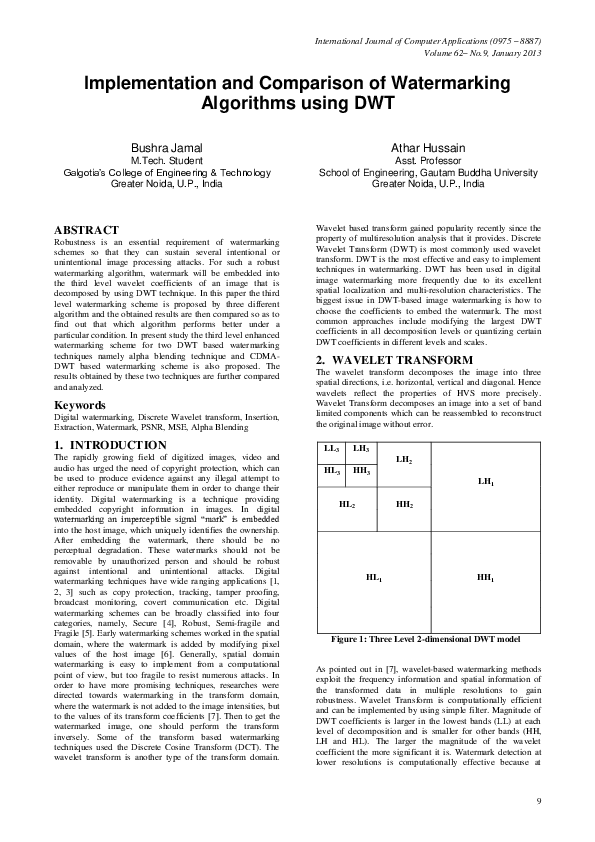 Pdf Implementation And Comparison Of Watermarking Algorithms Using Dwt 