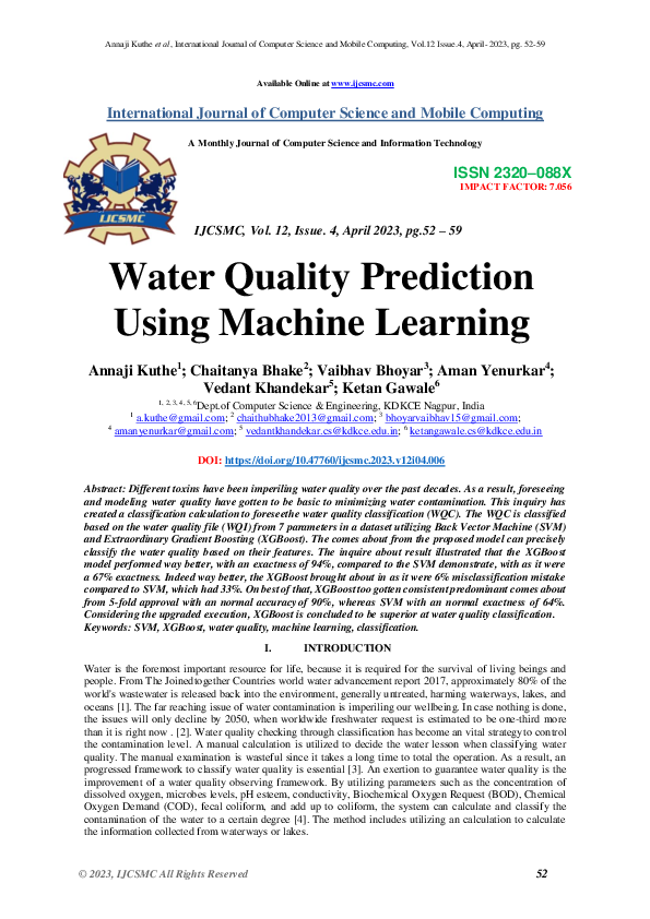 (PDF) Water Quality Prediction Using Machine Learning