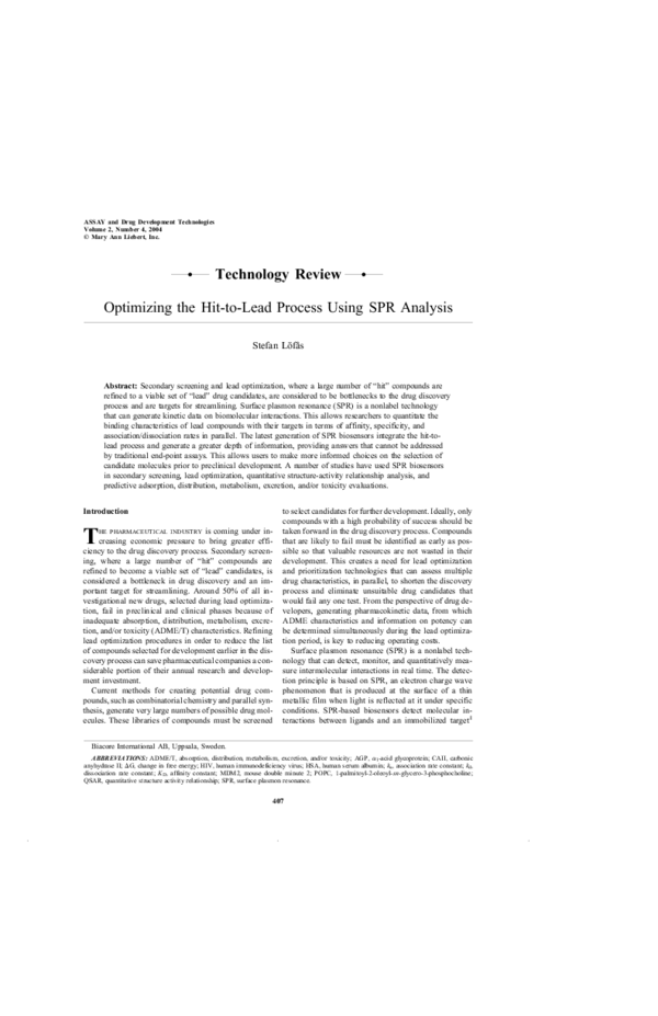 (PDF) Optimizing the Hit-to-Lead Process Using SPR Analysis