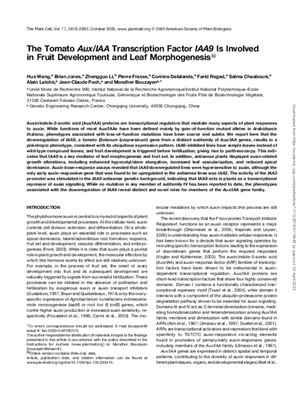(PDF) The TomatoAux/IAATranscription FactorIAA9Is Involved in Fruit Development and Leaf ...
