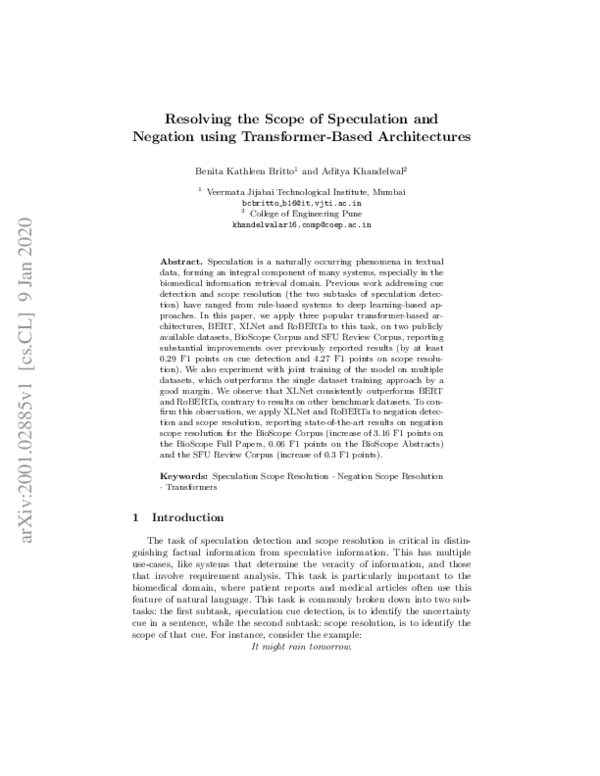 Pdf Resolving The Scope Of Speculation And Negation Using Transformer Based Architectures