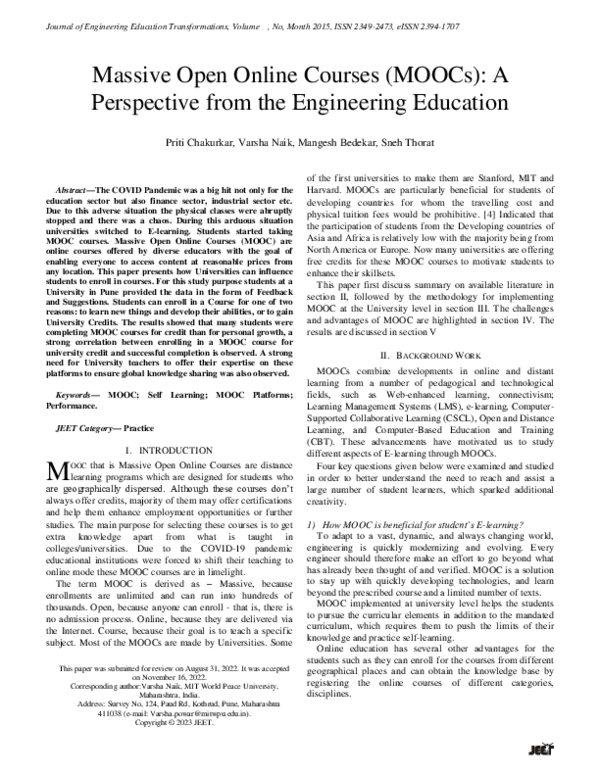(PDF) Massive Open Online Courses (MOOCs): A Perspective from the ...