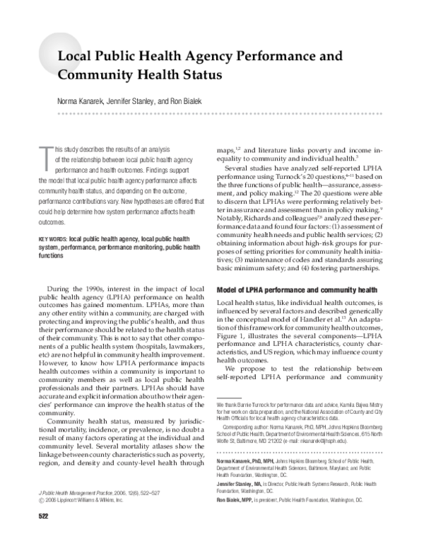 (PDF) Local Public Health Agency Performance and Community Health Status