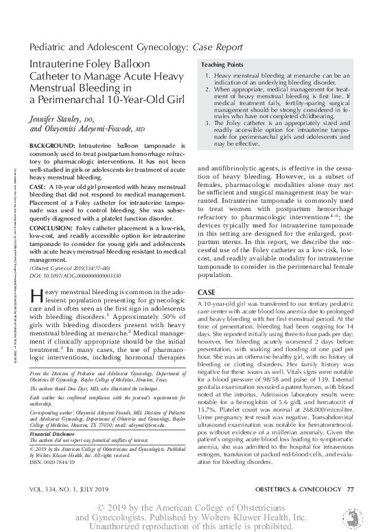 (PDF) Intrauterine Foley Balloon Catheter to Manage Acute Heavy ...