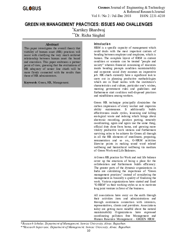 (PDF) GREEN HR MANAGEMENT PRACTICES: ISSUES AND CHALLENGES