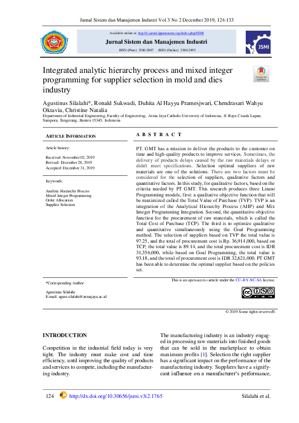 Pdf Integrated Analytic Hierarchy Process And Mixed Integer Programming For Supplier Selection