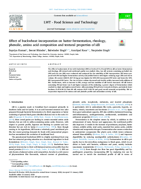(PDF) Effect of buckwheat incorporation on batter fermentation, rheology, phenolic, amino acid ...