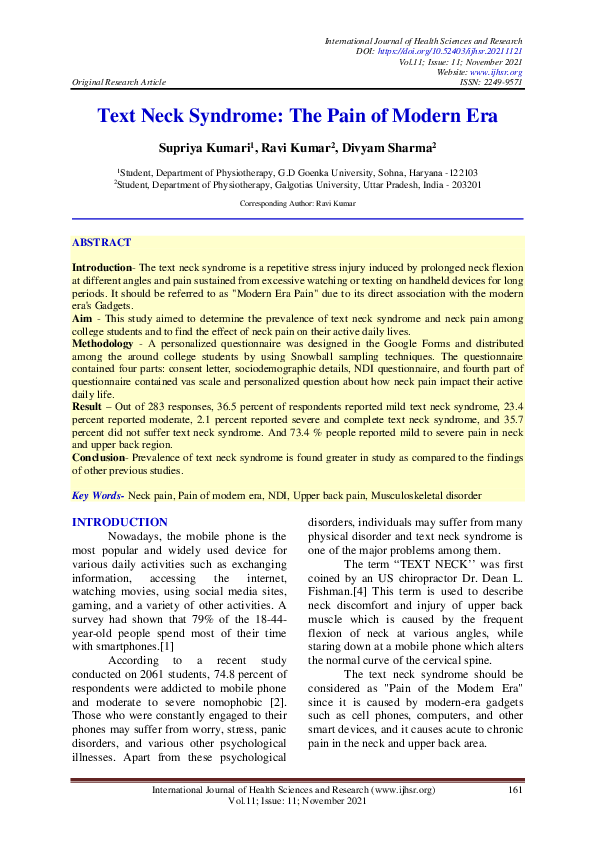 (PDF) Text Neck Syndrome: The Pain of Modern Era