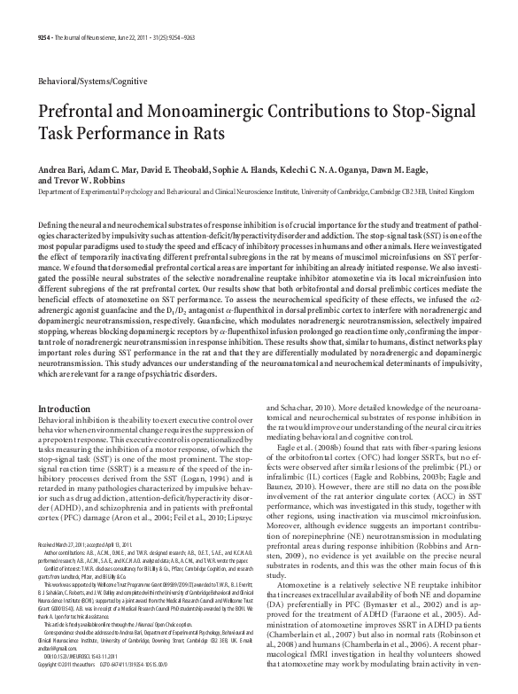 (PDF) Prefrontal and Monoaminergic Contributions to Stop-Signal Task ...