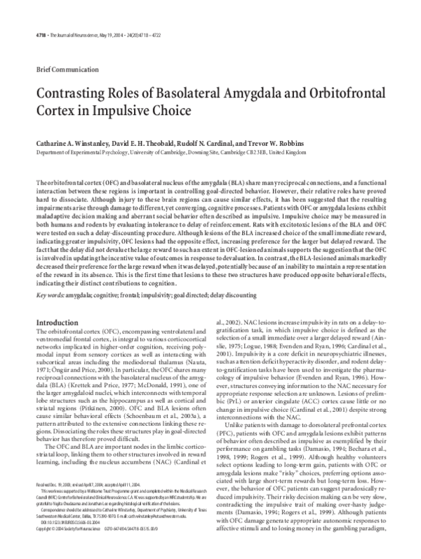 (PDF) Contrasting Roles of Basolateral Amygdala and Orbitofrontal Cortex in Impulsive Choice