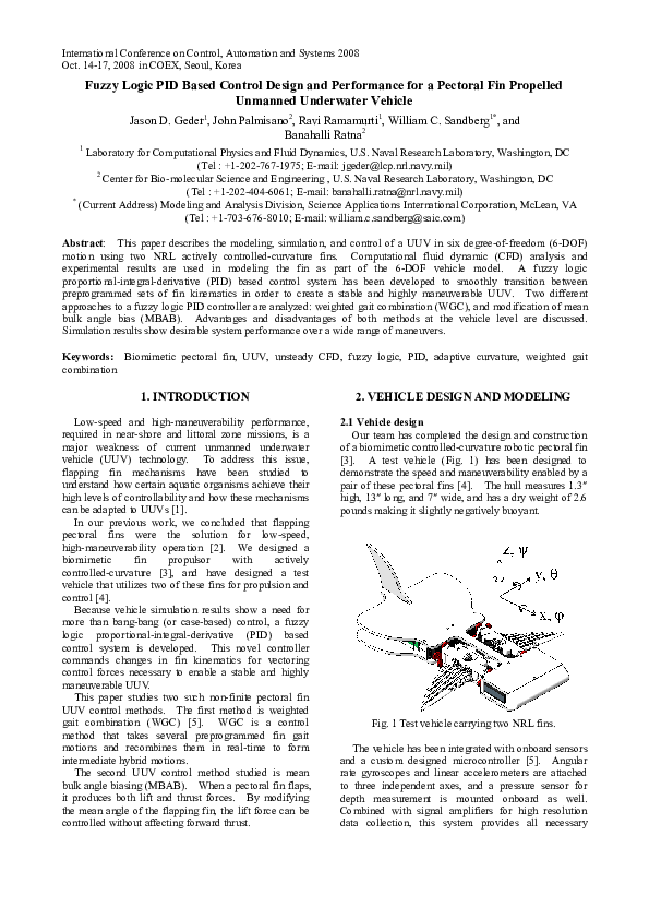 Pdf Fuzzy Logic Pid Based Control Design And Performance For A Pectoral Fin Propelled Unmanned