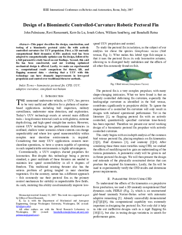 (PDF) Design of a Biomimetic Controlled-Curvature Robotic Pectoral Fin ...