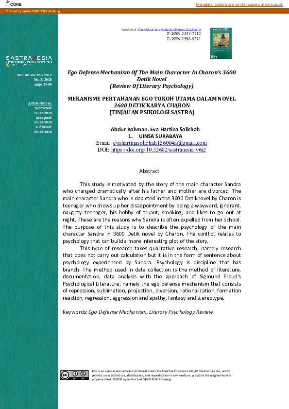 (PDF) Mekanisme Pertahanan Ego Tokoh Utama Dalam Novel 3600 Detik Karya Charon (Tinjauan ...