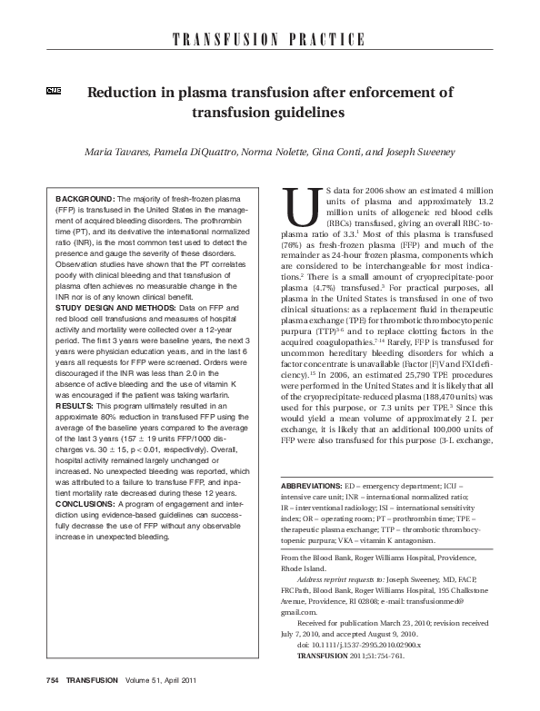 (PDF) Reduction in plasma transfusion after enforcement of transfusion ...
