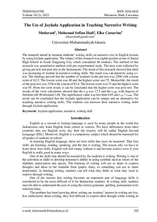(PDF) The Use of Joylada Application in Teaching Narrative Writing