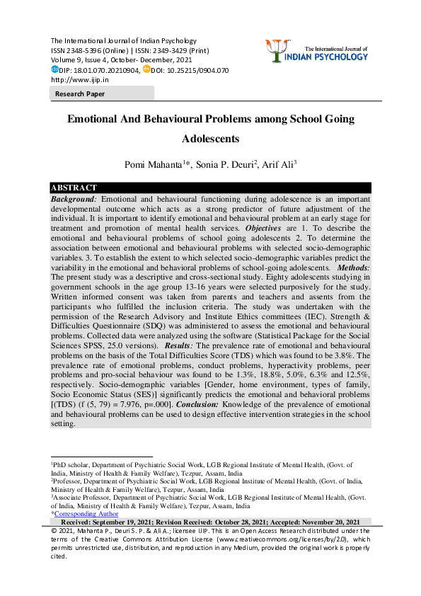 (PDF) Emotional And Behavioural Problems among School Going Adolescents