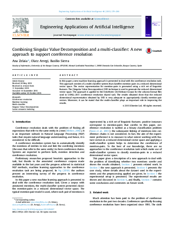 (PDF) Multi-Classifier System with SVD for Coreference Resolution