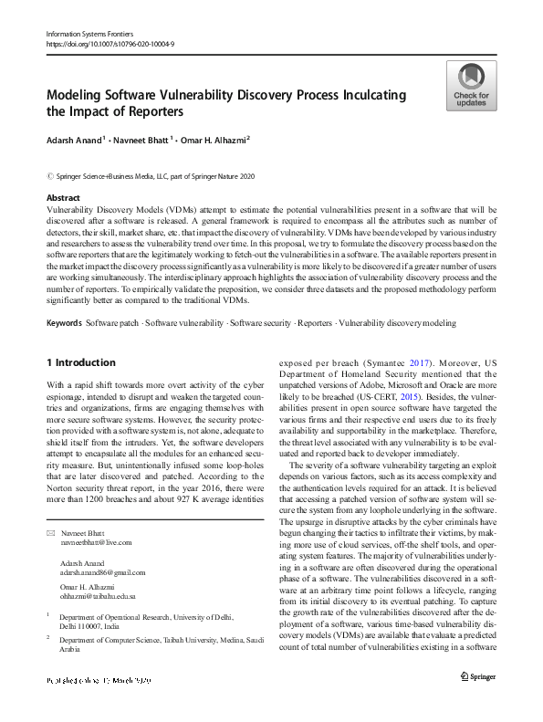 (PDF) Modeling Software Vulnerability Discovery Process Inculcating the Impact of Reporters