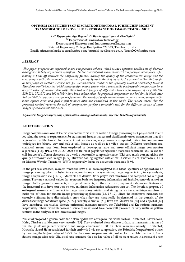(PDF) Optimum Coefficients Of Discrete Orthogonal Tchebichef Moment Transform To Improve The ...