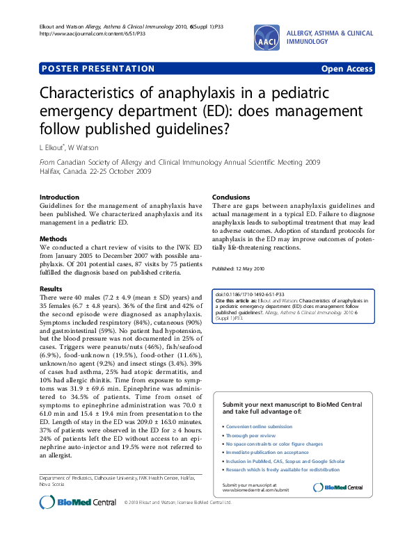 (PDF) Characteristics of anaphylaxis in a pediatric emergency ...