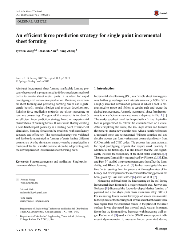 (PDF) An efficient force prediction strategy for single point incremental sheet forming