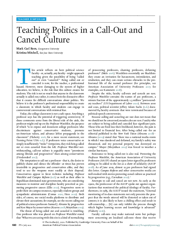 (PDF) Teaching Politics in a Call-Out and Cancel Culture