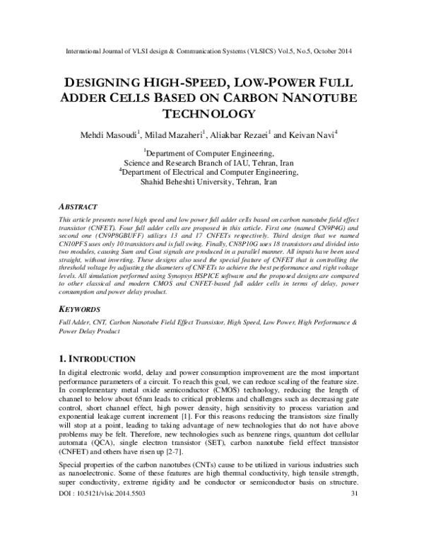 (PDF) Designing High-Speed, Low-Power Full Adder Cells Based on Carbon Nanotube Technology