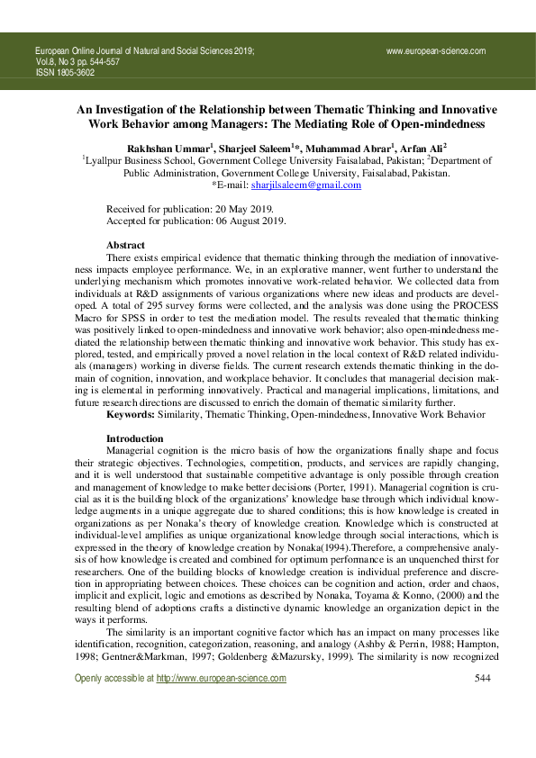 (PDF) An Investigation of the Relationship between Thematic Thinking and Innovative Work ...