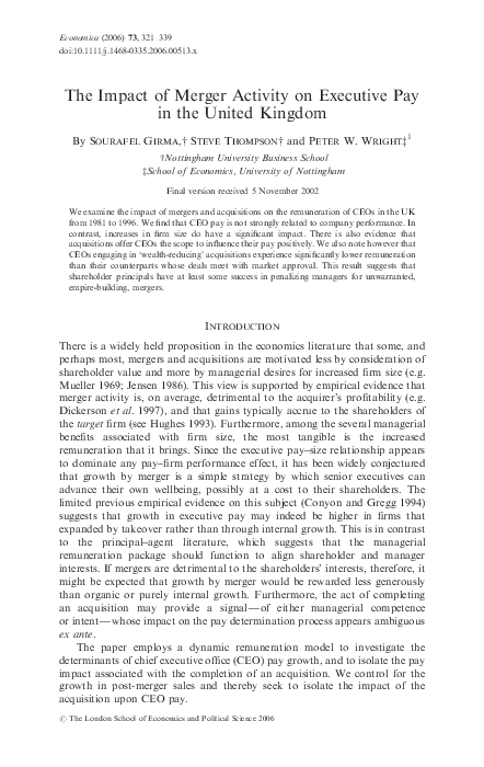 (PDF) The Impact of Merger Activity on Executive Pay in the United Kingdom