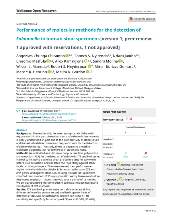 Pdf Performance Of Molecular Methods For The Detection Of Salmonella In Human Stool Specimens
