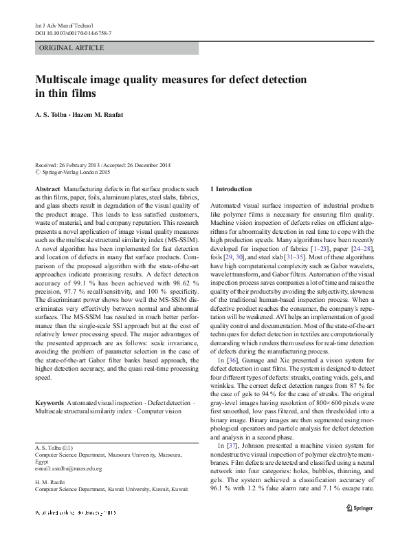 (PDF) Multiscale image quality measures for defect detection in thin films