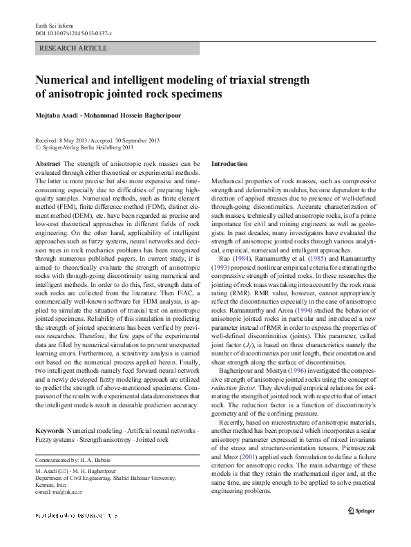 (PDF) Numerical and intelligent modeling of triaxial strength of anisotropic jointed rock specimens