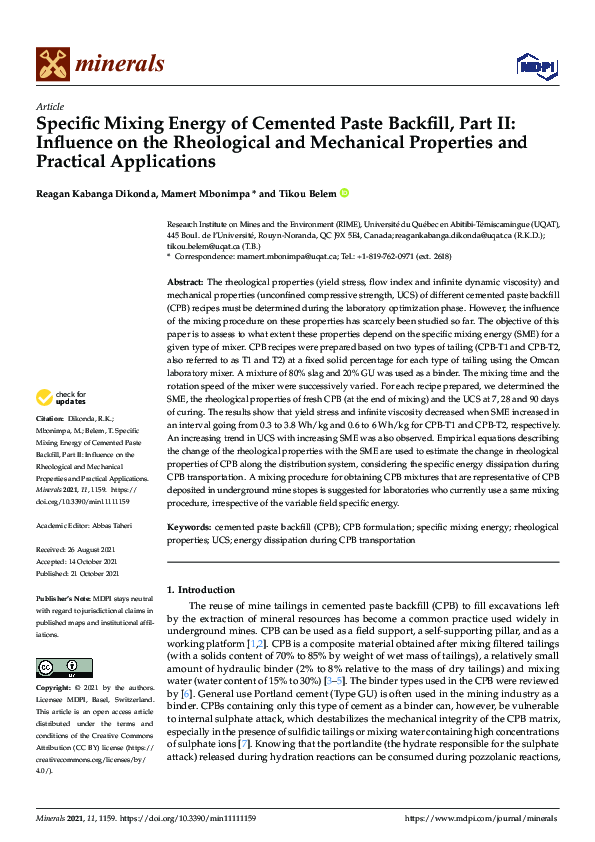 (PDF) Specific Mixing Energy of Cemented Paste Backfill, Part II ...