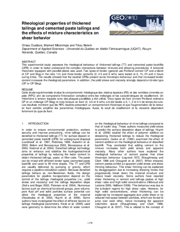 (PDF) Rheological properties of thickened tailings and cemented paste ...