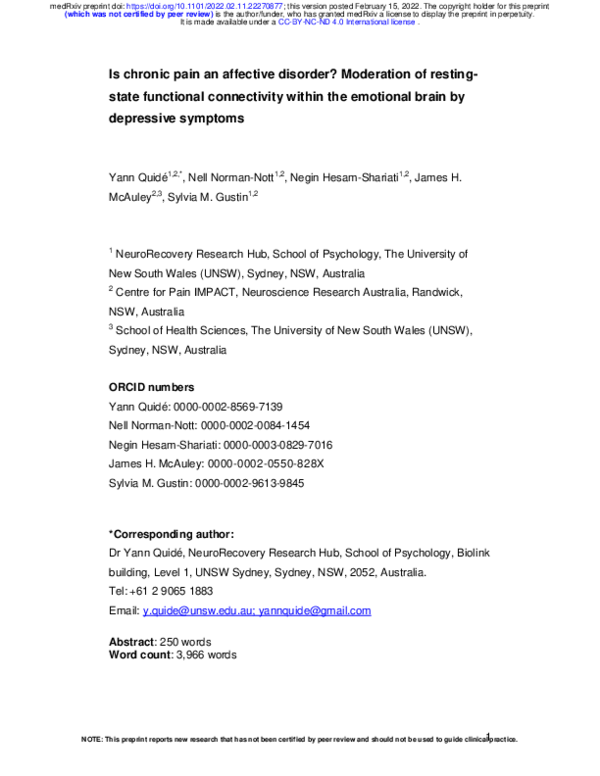 (PDF) Is chronic pain an affective disorder? Moderation of resting ...