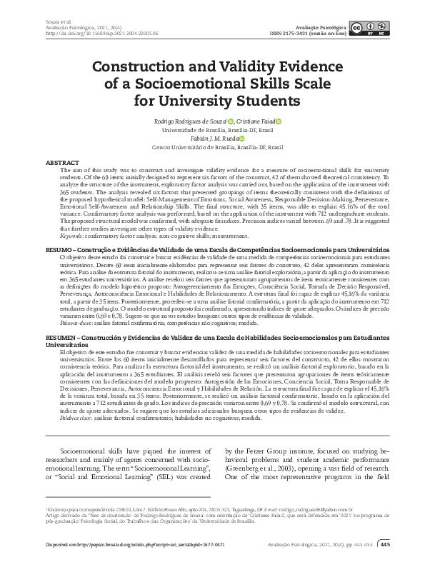 (PDF) Construction and Validity Evidence of a Socioemotional Skills Scale for University Students