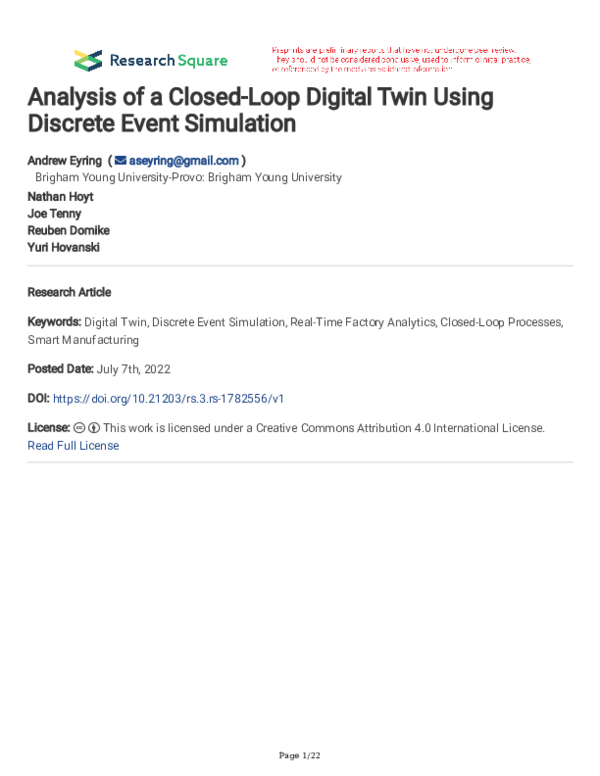 (PDF) Analysis of a closed-loop digital twin using discrete event simulation