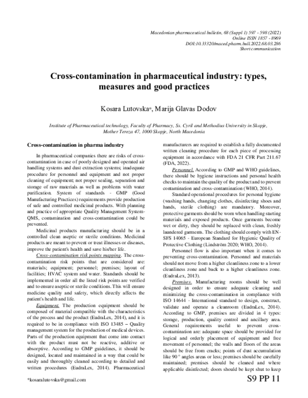 (PDF) Cross-contamination in pharmaceutical industry: types, measures ...