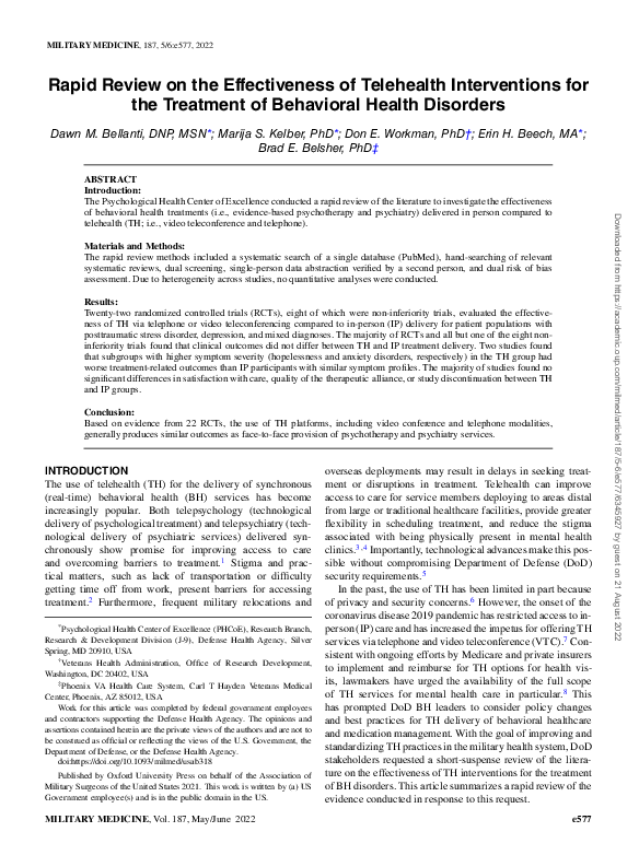 (PDF) Rapid Review on the Effectiveness of Telehealth Interventions for the Treatment of ...