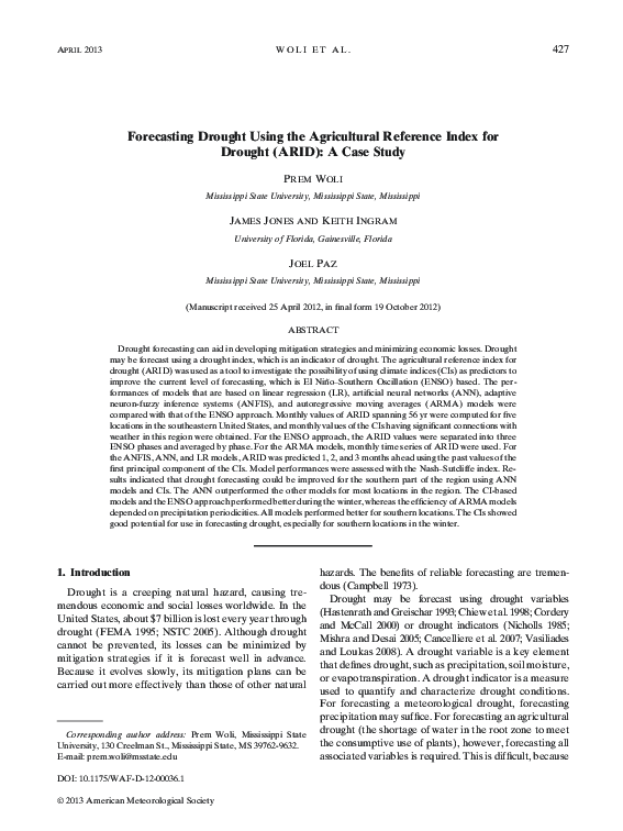 (PDF) Forecasting Drought Using the Agricultural Reference Index for ...