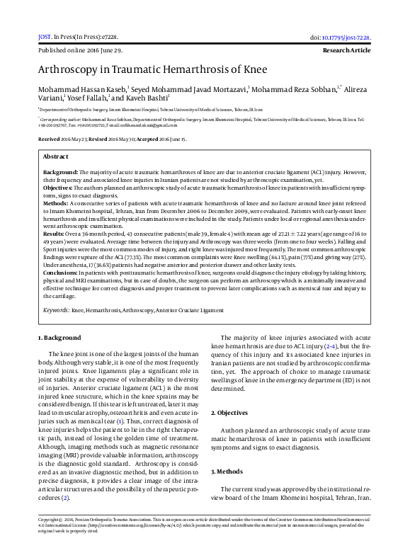 (PDF) Arthroscopy in Traumatic Hemarthrosis of Knee