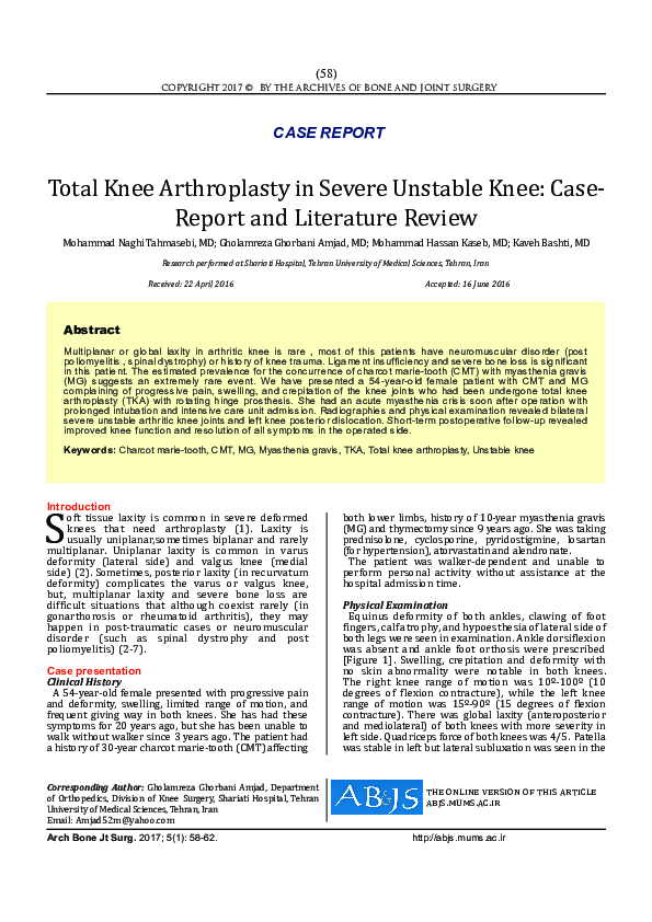 (PDF) Total Knee Arthroplasty in Severe Unstable Knee: Case-Report and ...