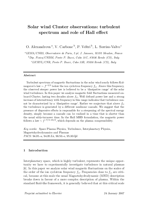 (PDF) Solar wind Cluster observations: Turbulent spectrum and role of ...