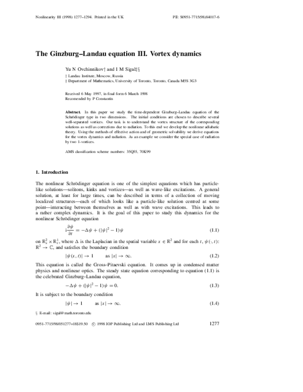 (PDF) The Ginzburg-Landau equation III. Vortex dynamics