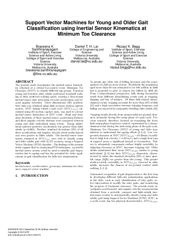 Pdf Support Vector Machines For Young And Older Gait Classification Using Inertial Sensor