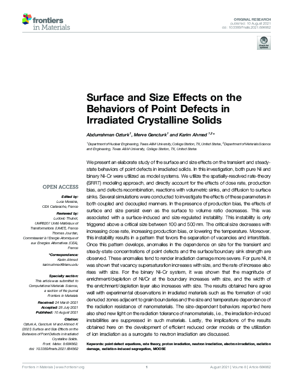 (PDF) Surface and Size Effects on the Behaviors of Point Defects in ...