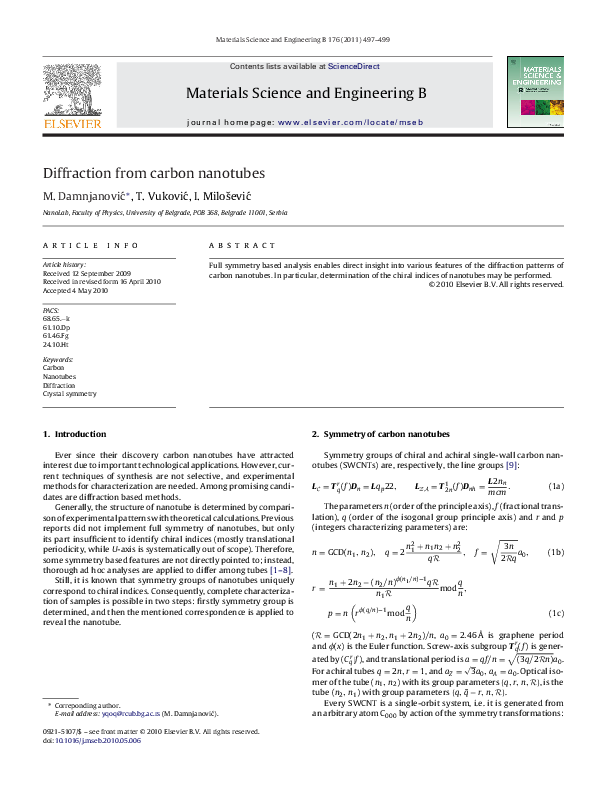(PDF) Diffraction from carbon nanotubes | Ivanka Milošević - Academia.edu