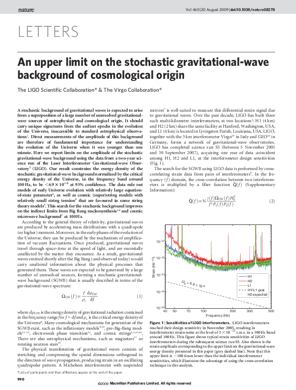 Pdf An Upper Limit On The Stochastic Gravitational Wave Background Of Cosmological Origin